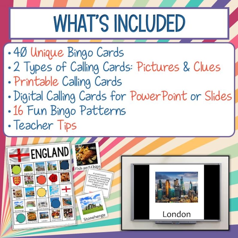 England Bingo Game - Printable & Digital - 40 Bingo Cards - Images and ...