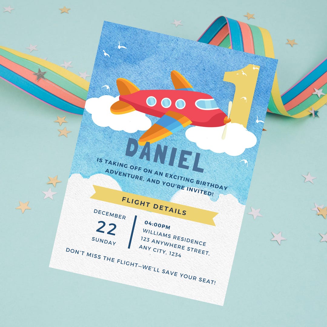 Airplane Birthday Invitation Template: Editable Kids Party Invite ...