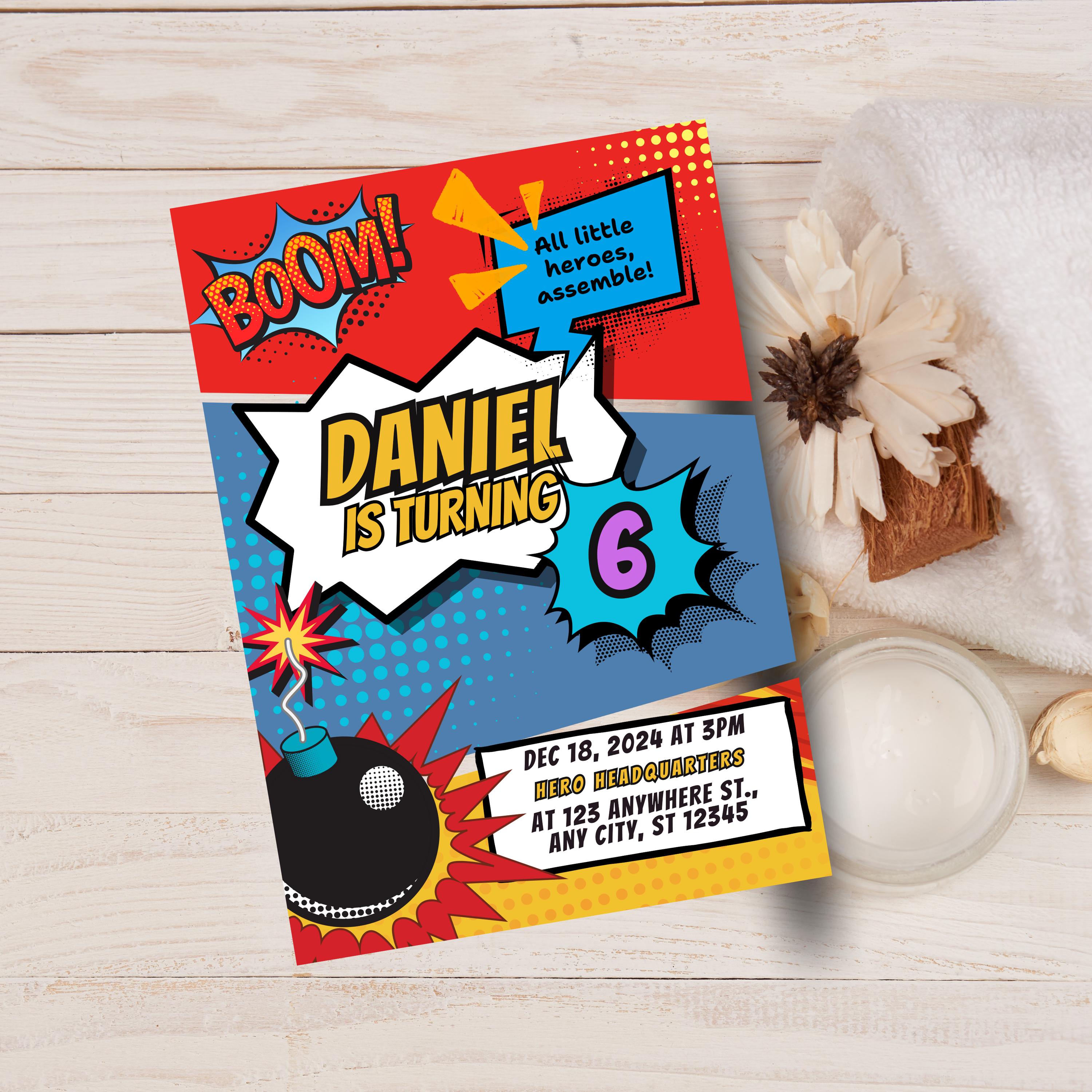Comic Book Style Superhero Birthday Invitation, Editable Digital Party ...