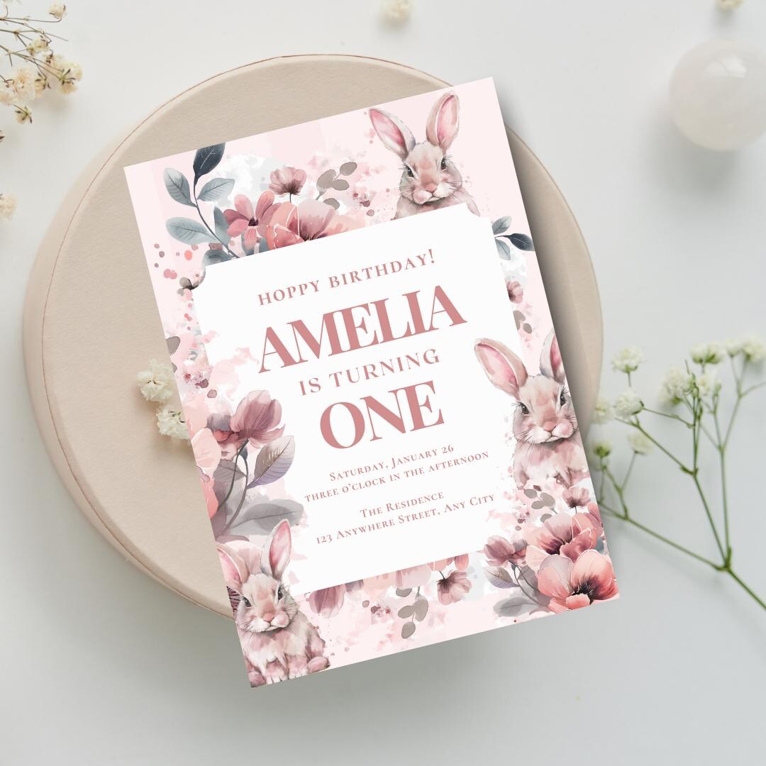 Floral Pink Bunny Birthday Invitation Canva Template | Hoppy Bunny ...