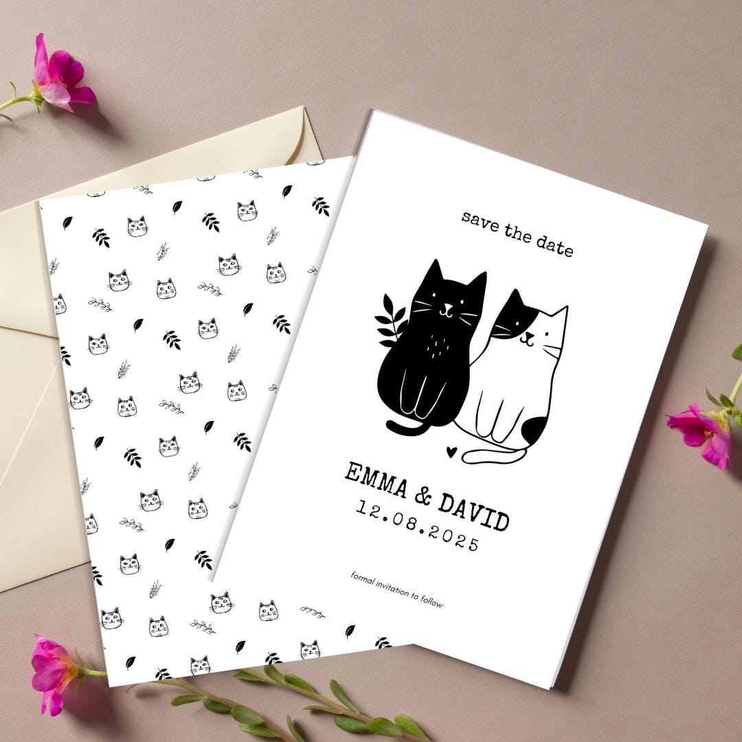 Cute Cat Couple Save the Date Template, Minimalist Wedding Save the ...