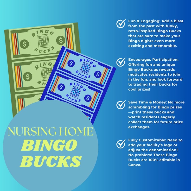 Printable Bingo Bucks | Nursing Home Activities (canva Template) - Etsy