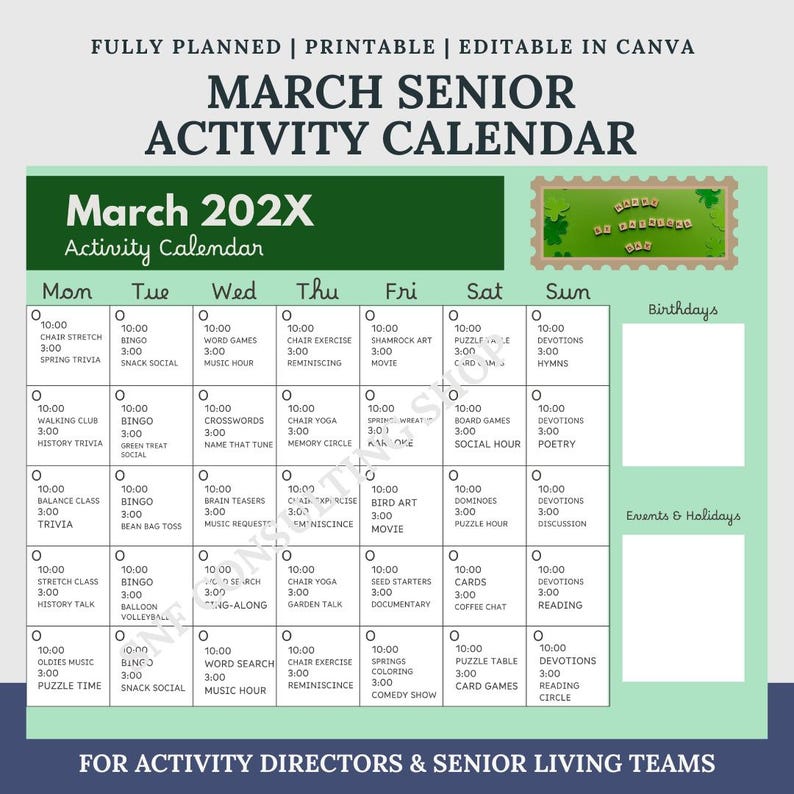 March Senior Activity Calendar | Fully Planned Monthly Activities ...