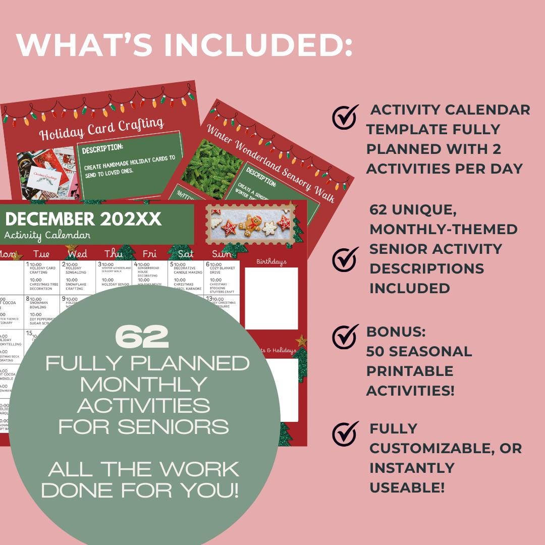 Christmas Activity Calendar for Seniors, December Activities Plans for ...