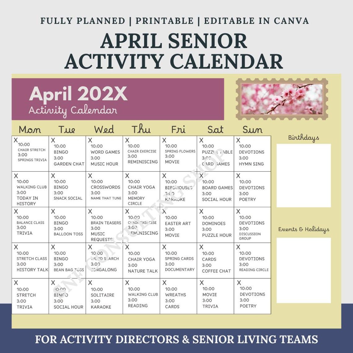 April Senior Activity Calendar | Printable, Editable Canva (PDF ...