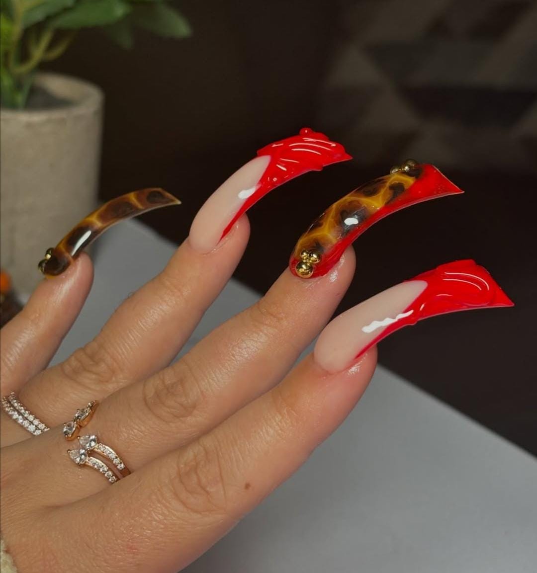 Red French Tortoise Shell Press on Nails, Curved Duck Nails, 90s Curved ...
