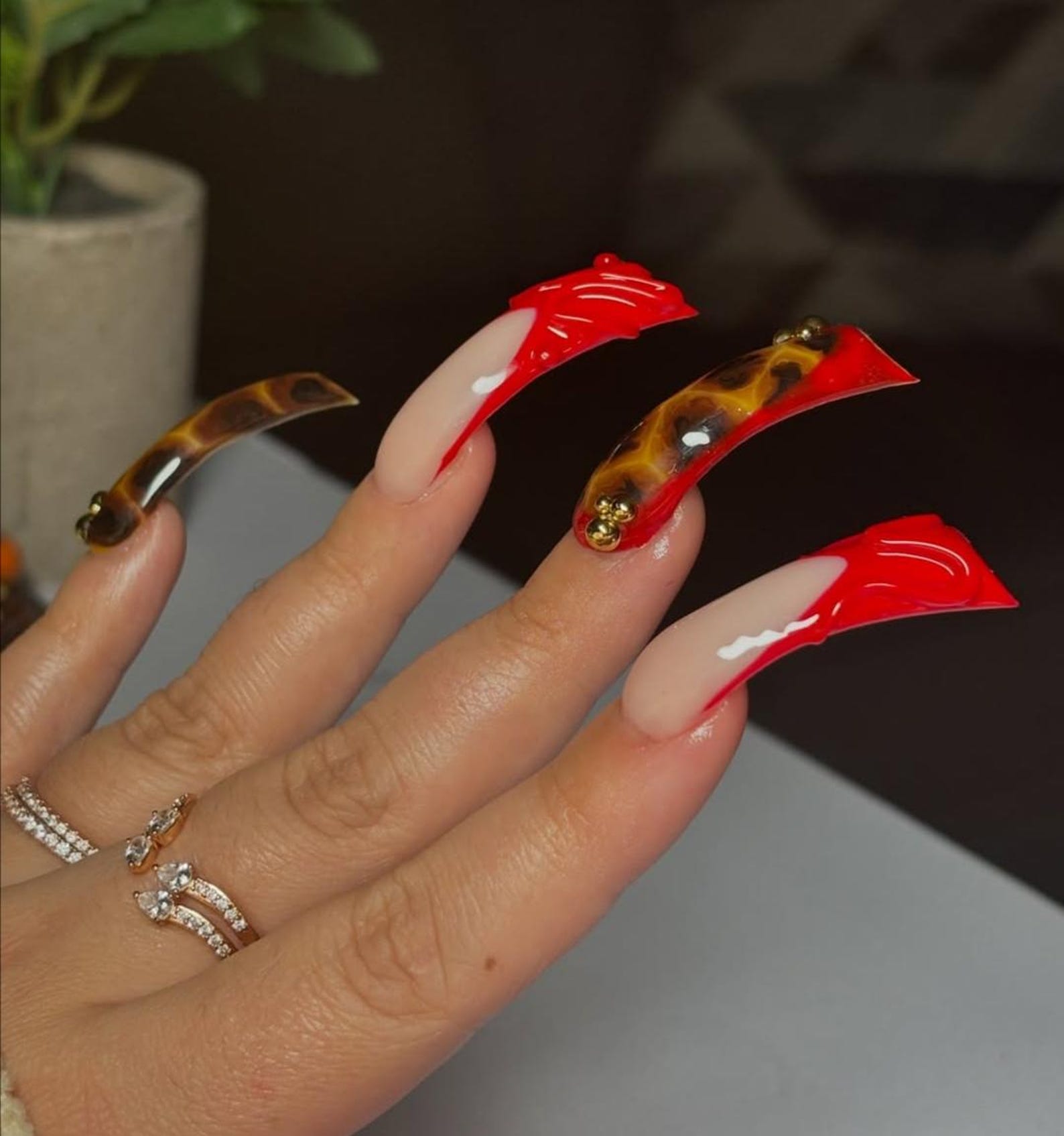 Red French Tortoise Shell Press on Nails, Curved Duck Nails, 90s Curved ...
