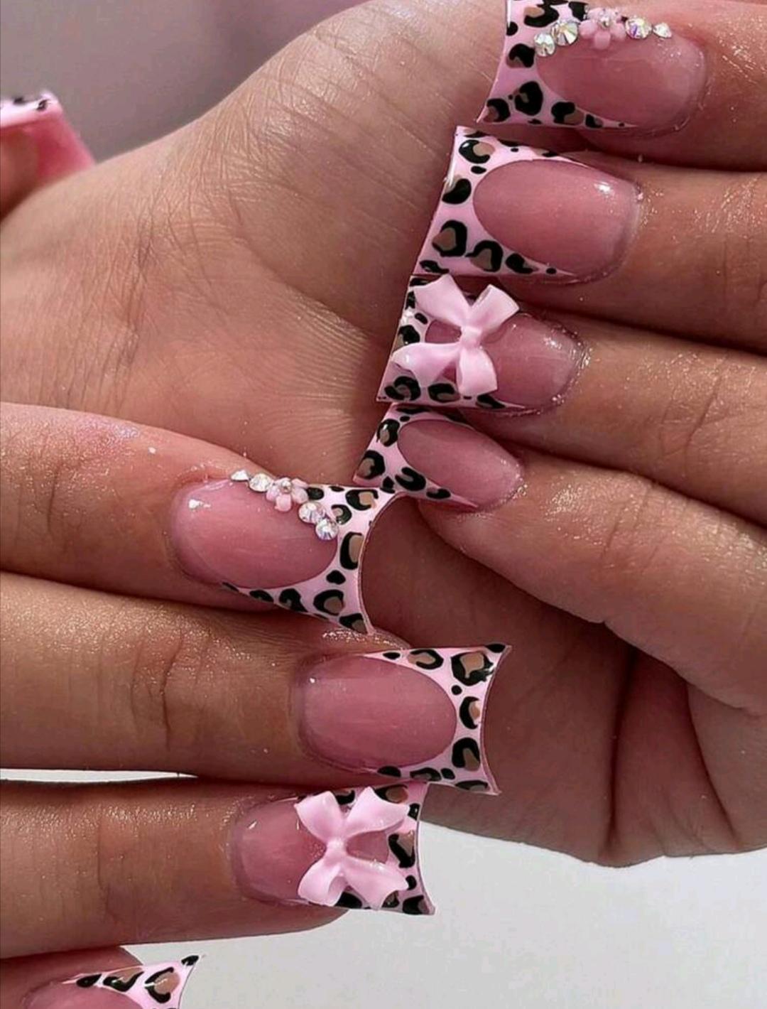 3D Bow Leopard Print Duck French Nails, Custom Nails, Duck Nails ...