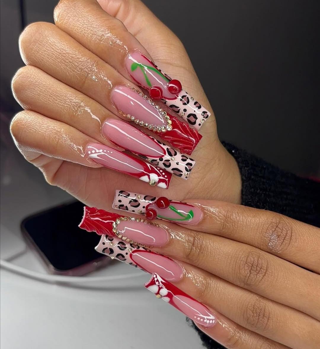 Luxury Red Nails, 3D Cherry Nails, Leopard Print Nails, Red Nails ...