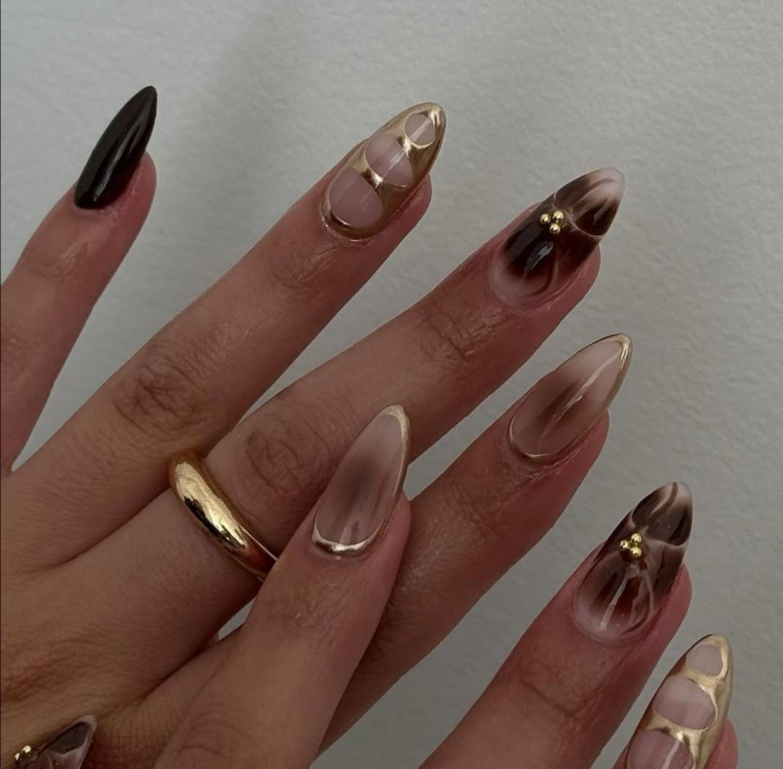 Elegant Fall Golden Brown Press on Nails, Fall Nails, Brown Nails, Gold ...
