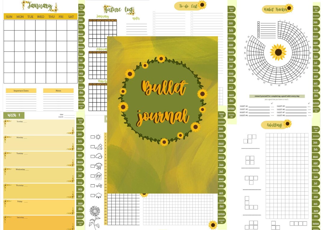 Sunflower Bullet Journal PDF A4 Digital or Printable - Etsy