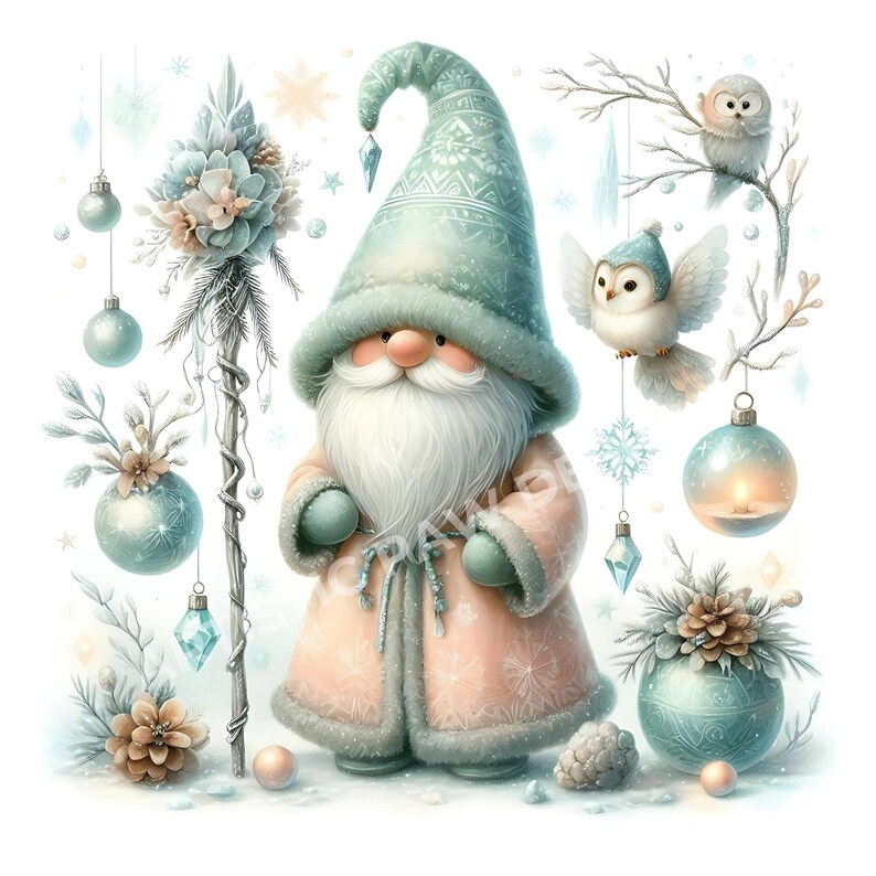 Pastel Watercolor Winter Gnome Clipart - Gnome and Owl Companion Art ...