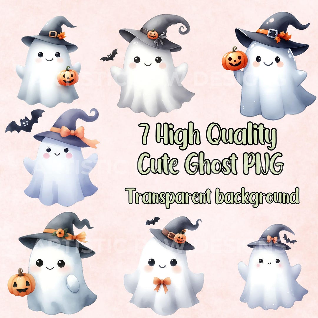 Cute Ghost Png, Watercolor Ghost Clipart, 7 High Quality PNG at 300 DPI ...