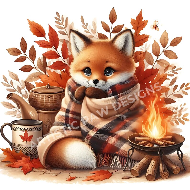 Cozy Autumn Fox Clipart - 10 Cute Fall Fox Illustration for Digital ...
