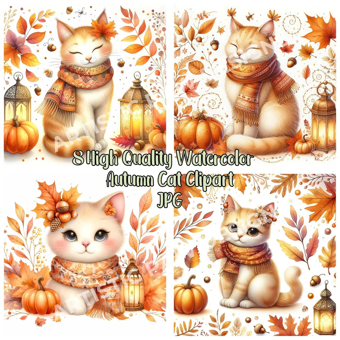 Autumn Cat Clipart Cute Watercolor Fall Cat Art, Woodland Animal ...