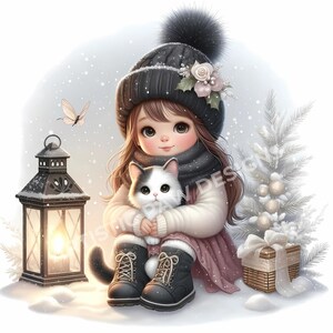 Winter Night Gnome and Cat Clipart | Cozy Watercolor Gnome and Cat ...