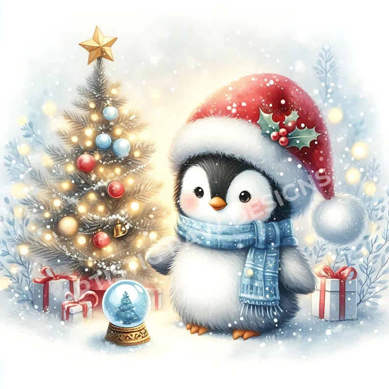 Watercolor Baby Penguin Clipart - Cute Winter Scene Clip Art, Holiday ...