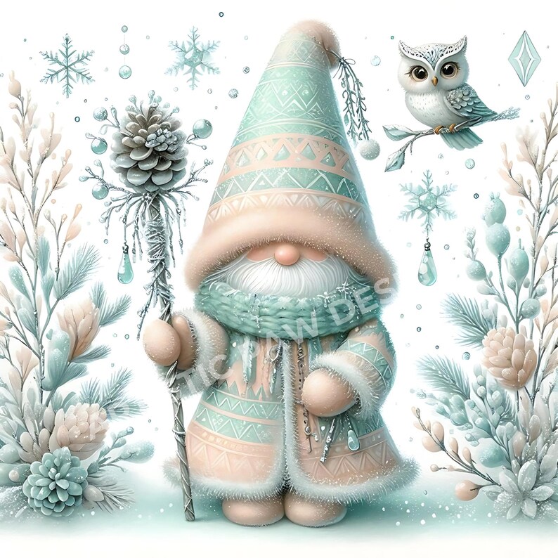 Pastel Watercolor Winter Gnome Clipart - Gnome and Owl Companion Art ...