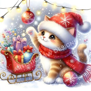 Watercolor Playful Christmas Cat Clipart - Cute Cat Clip Art, Cat Lover ...