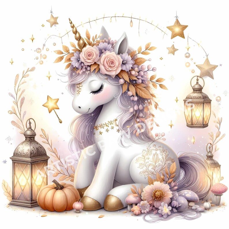 7 Watercolor Fall Unicorn Clipart - Cute Unicorn Art, Autumn Unicorn ...