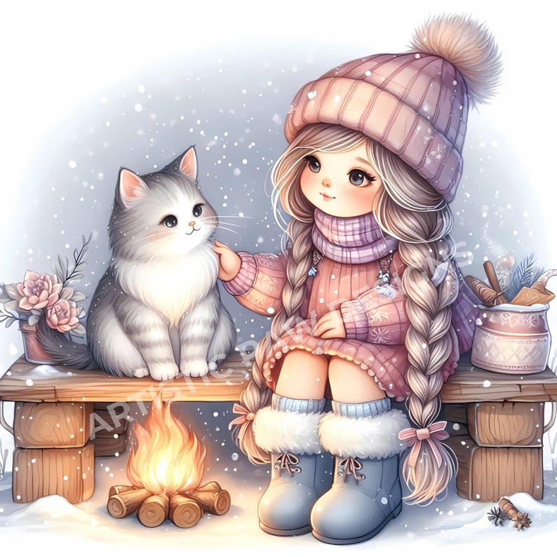 Pastel Gnome and Cat Winter Clipart | Cute Pastel Christmas Gnome JPG ...