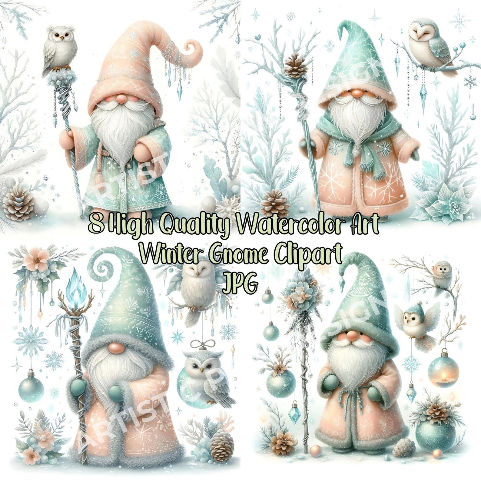 Pastel Watercolor Winter Gnome Clipart - Gnome and Owl Companion Art ...
