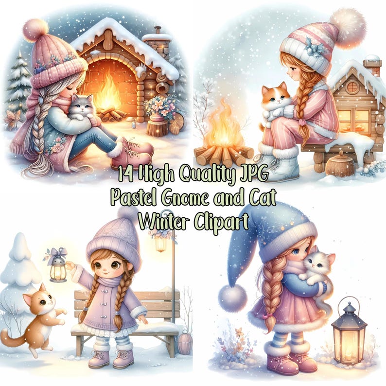 Pastel Gnome and Cat Winter Clipart | Cute Pastel Christmas Gnome JPG ...