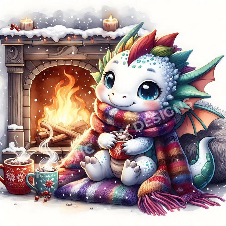 Cozy Winter Baby Dragon Clipart - Cute Fantasy Animal Art, Digital ...