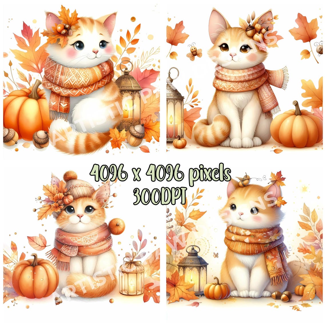 Autumn Cat Clipart - Cute Watercolor Fall Cat Art, Woodland Animal ...