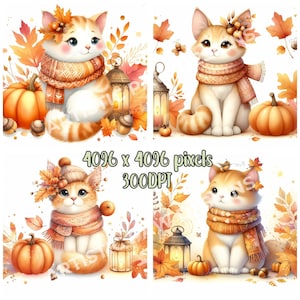 Autumn Cat Clipart - Cute Watercolor Fall Cat Art, Woodland Animal ...