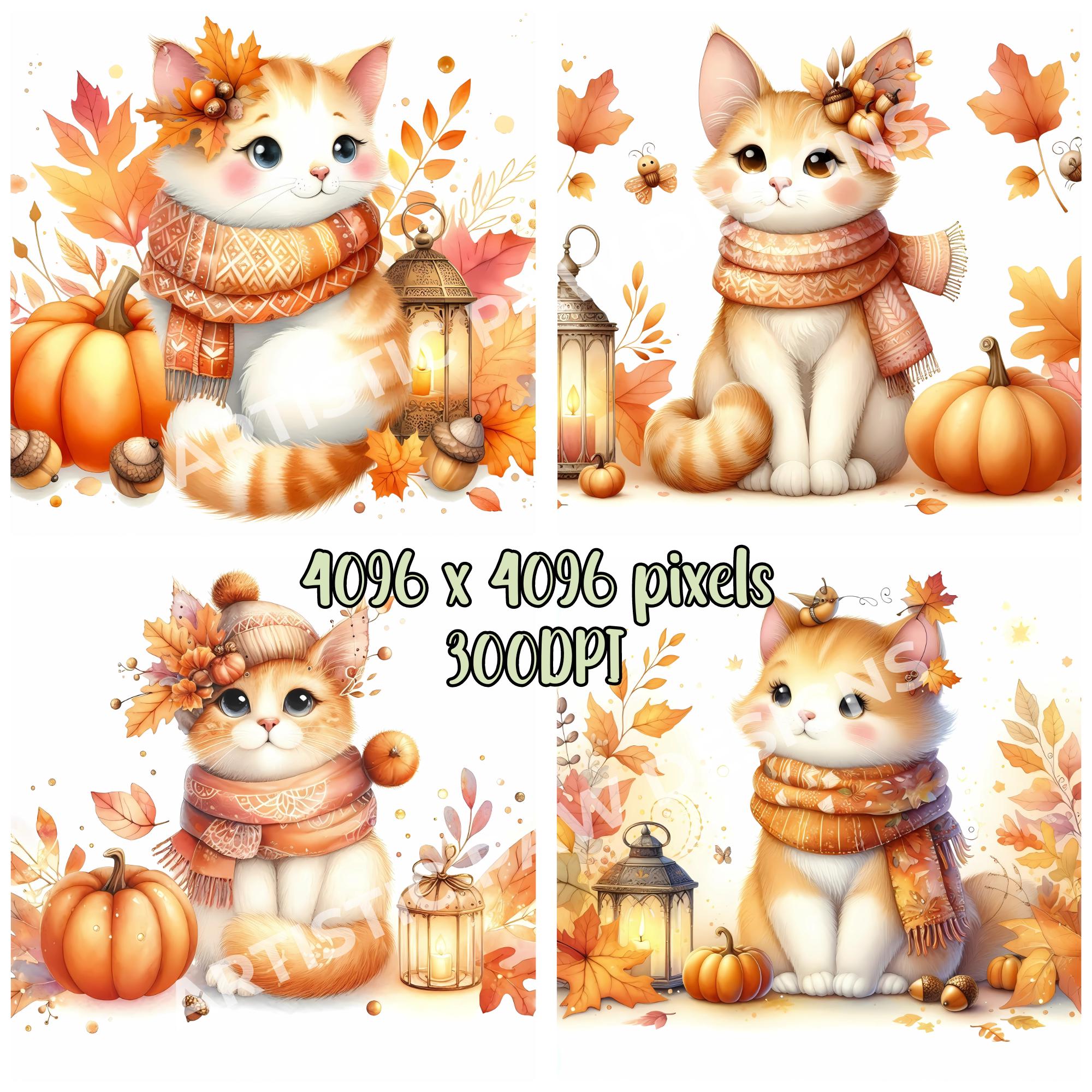 Autumn Cat Clipart Cute Watercolor Fall Cat Art, Woodland Animal ...