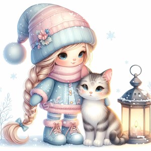 Pastel Gnome and Cat Winter Clipart | Cute Pastel Christmas Gnome JPG ...