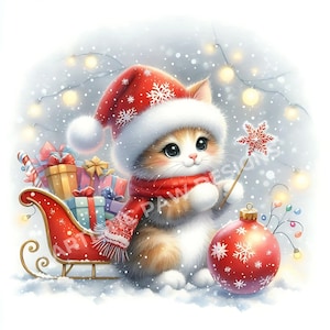 Watercolor Playful Christmas Cat Clipart - Cute Cat Clip Art, Cat Lover ...