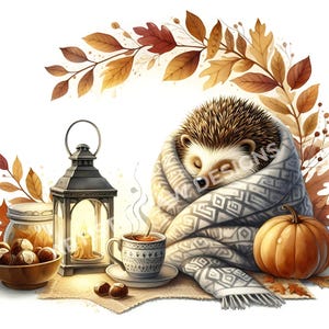 Watercolor Autumn Hedgehog Clipart - Woodland Animal Clip Art, Cozy ...