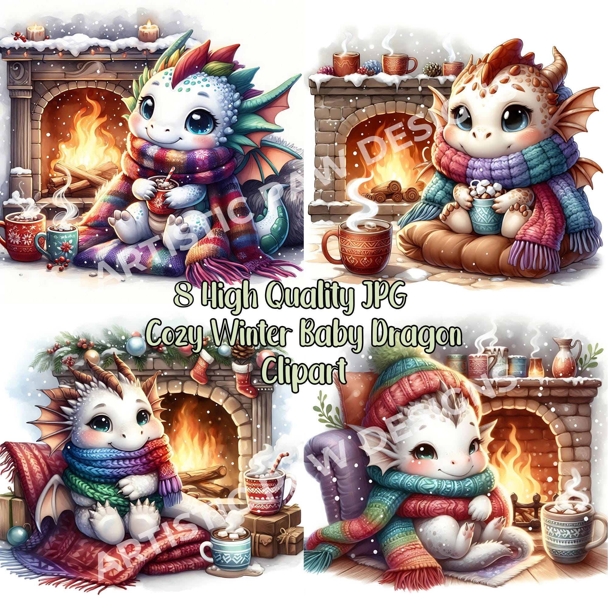 Cozy Winter Baby Dragon Clipart - Cute Fantasy Animal Art, Digital ...