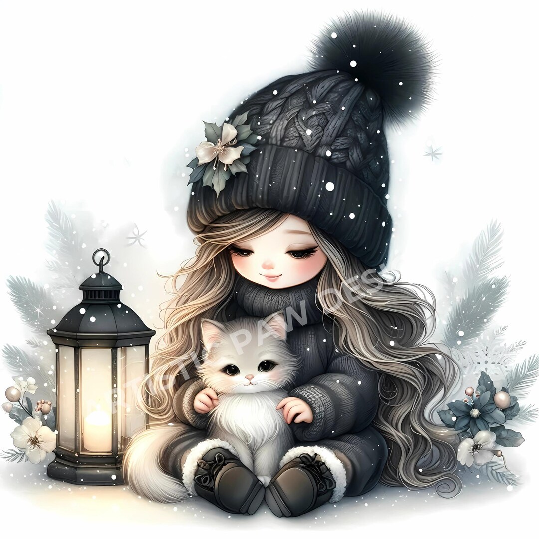11 Winter Night Gnome and Cat Clipart - Cute Gnome and Cat in a Cozy ...