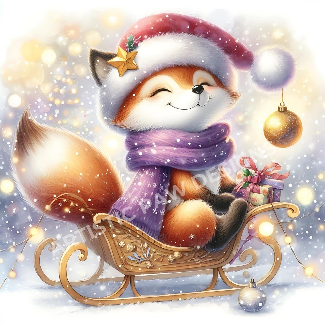 Watercolor Fox Clipart - Cheerful Christmas Fox Art, Cute Winter Fox ...