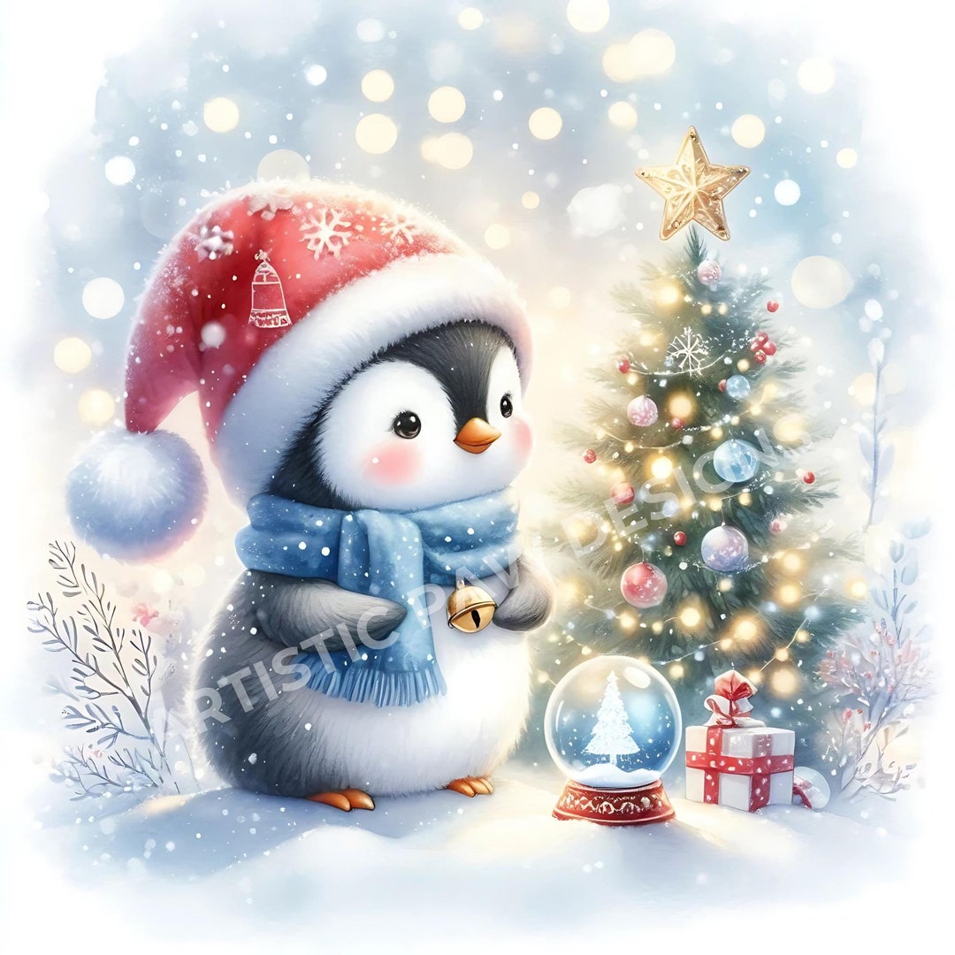 Watercolor Baby Penguin Clipart - Cute Winter Scene Clip Art, Holiday ...