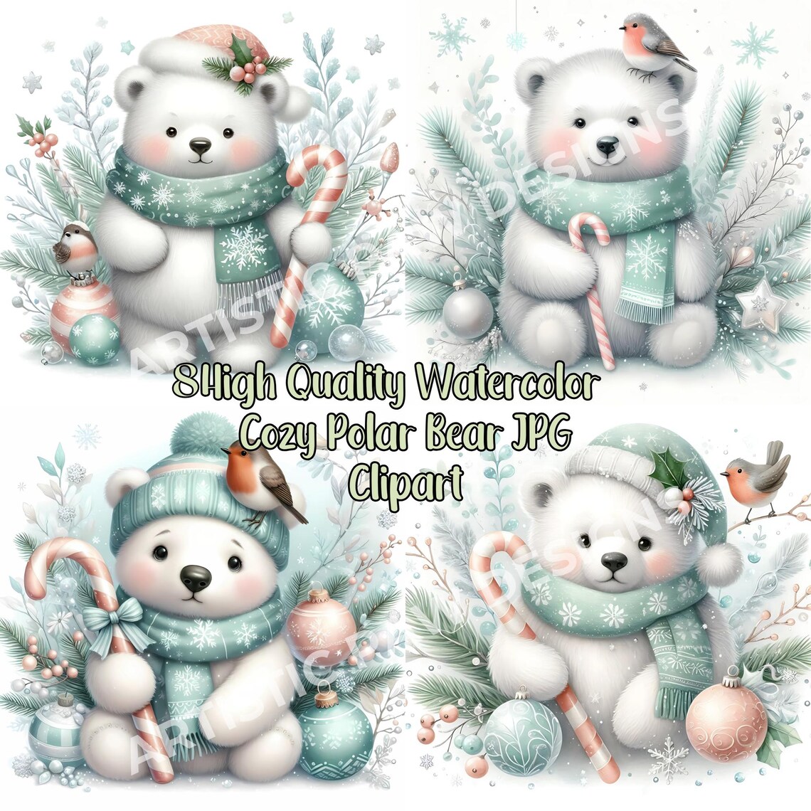 Cozy Christmas Polar Bear Clipart - Cute Watercolor Christmas Bear ...