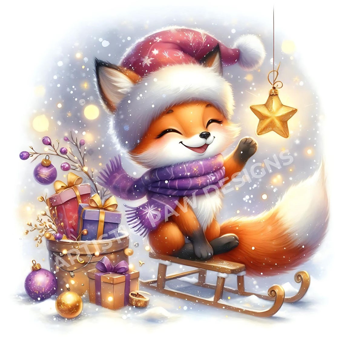 Watercolor Fox Clipart - Cheerful Christmas Fox Art, Cute Winter Fox ...