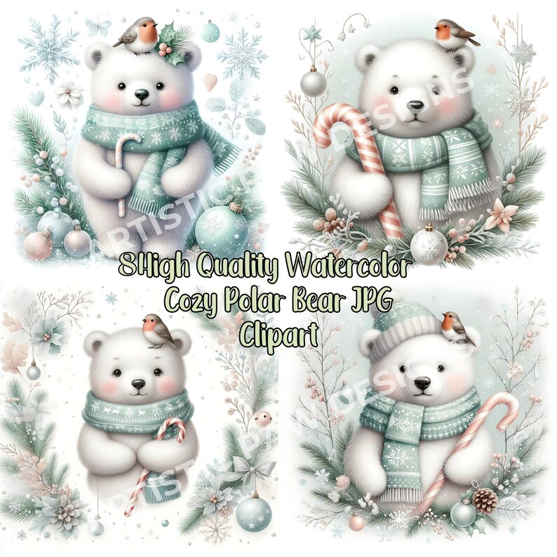 Cozy Christmas Polar Bear Clipart - Cute Watercolor Christmas Bear ...