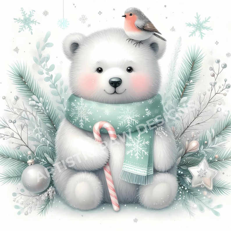 Cozy Christmas Polar Bear Clipart - Cute Watercolor Christmas Bear ...