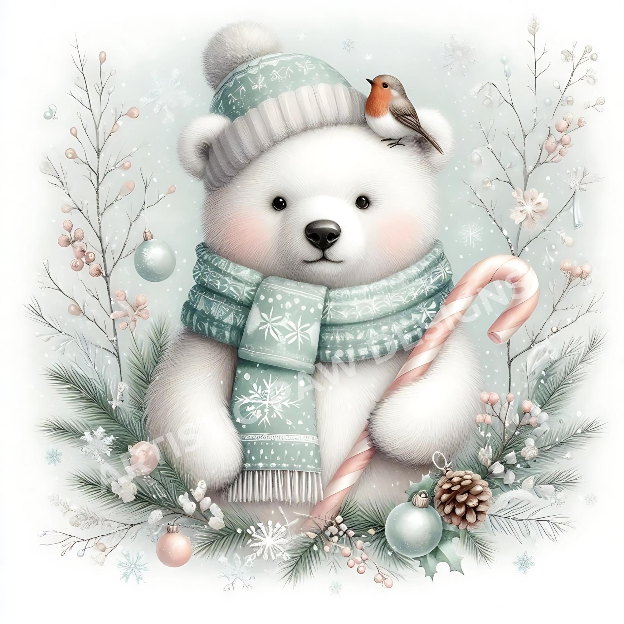 Cozy Christmas Polar Bear Clipart - Cute Watercolor Christmas Bear ...