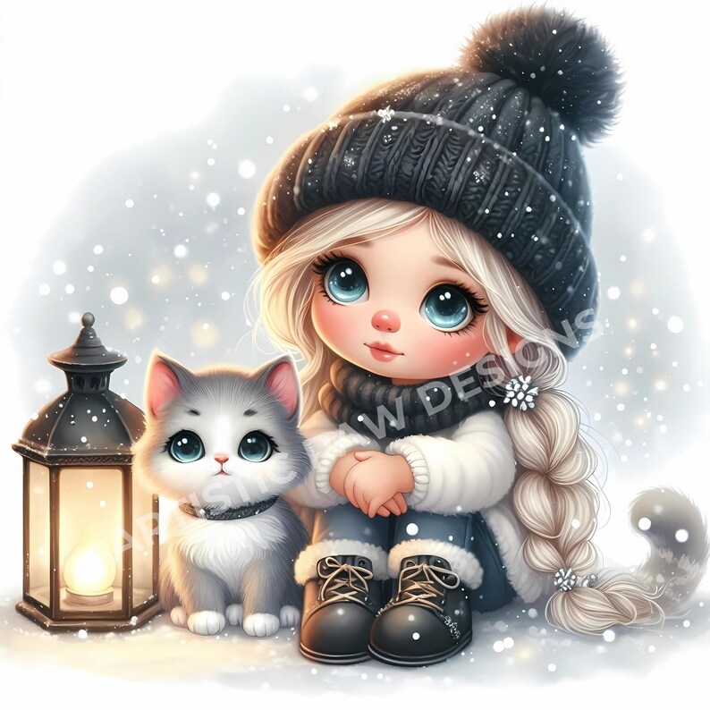 Winter Night Gnome and Cat Clipart | Cozy Watercolor Gnome and Cat ...