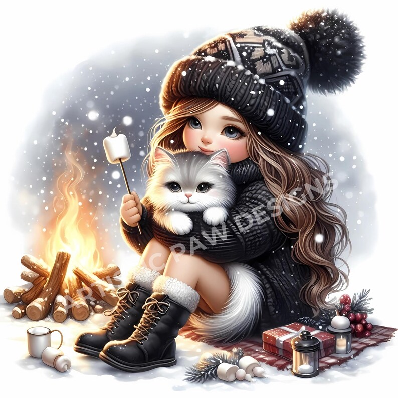 Watercolor Winter Gnome and Cat Clipart | Cozy Night Gnome With Cat ...