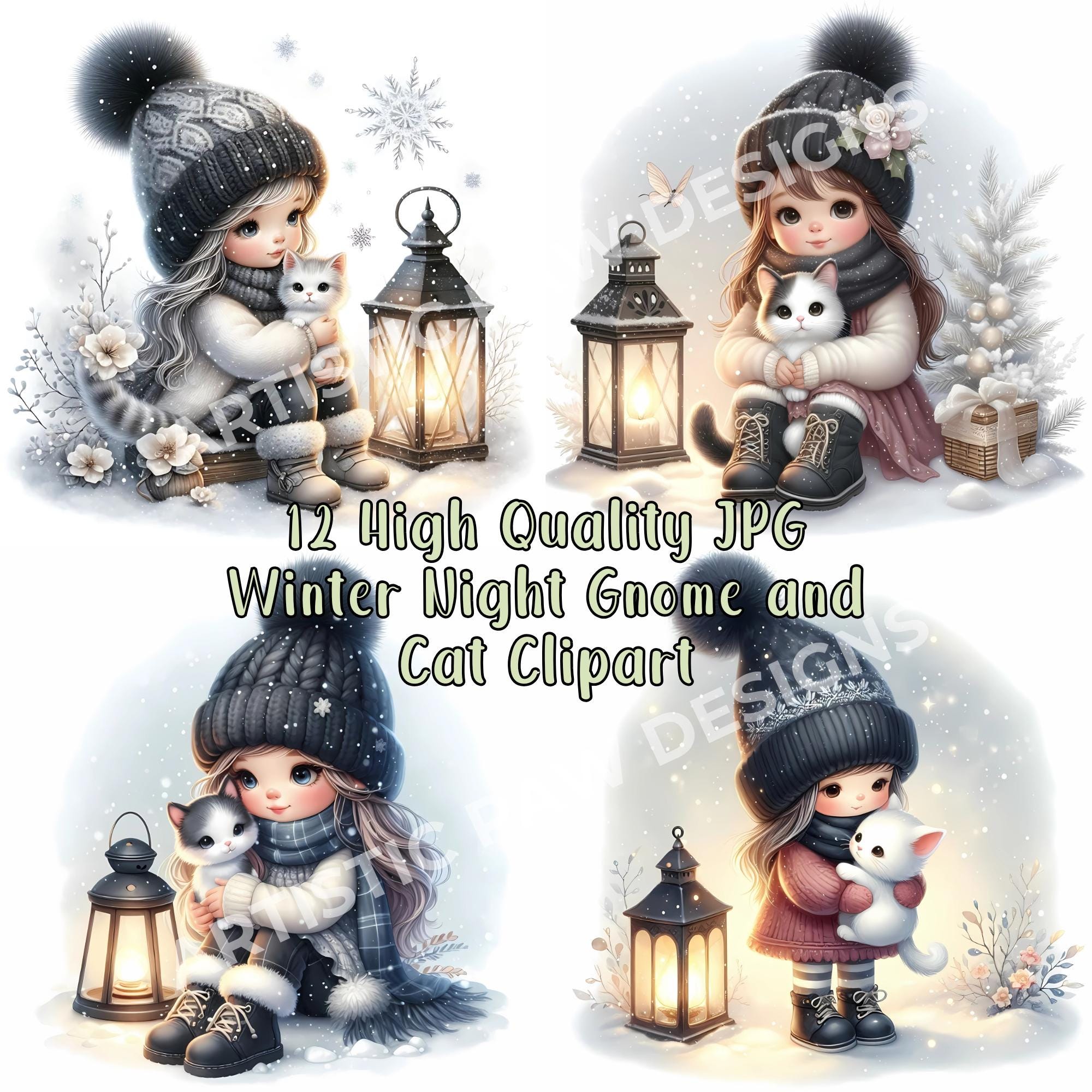 Winter Night Gnome and Cat Clipart | Cozy Watercolor Gnome and Cat ...