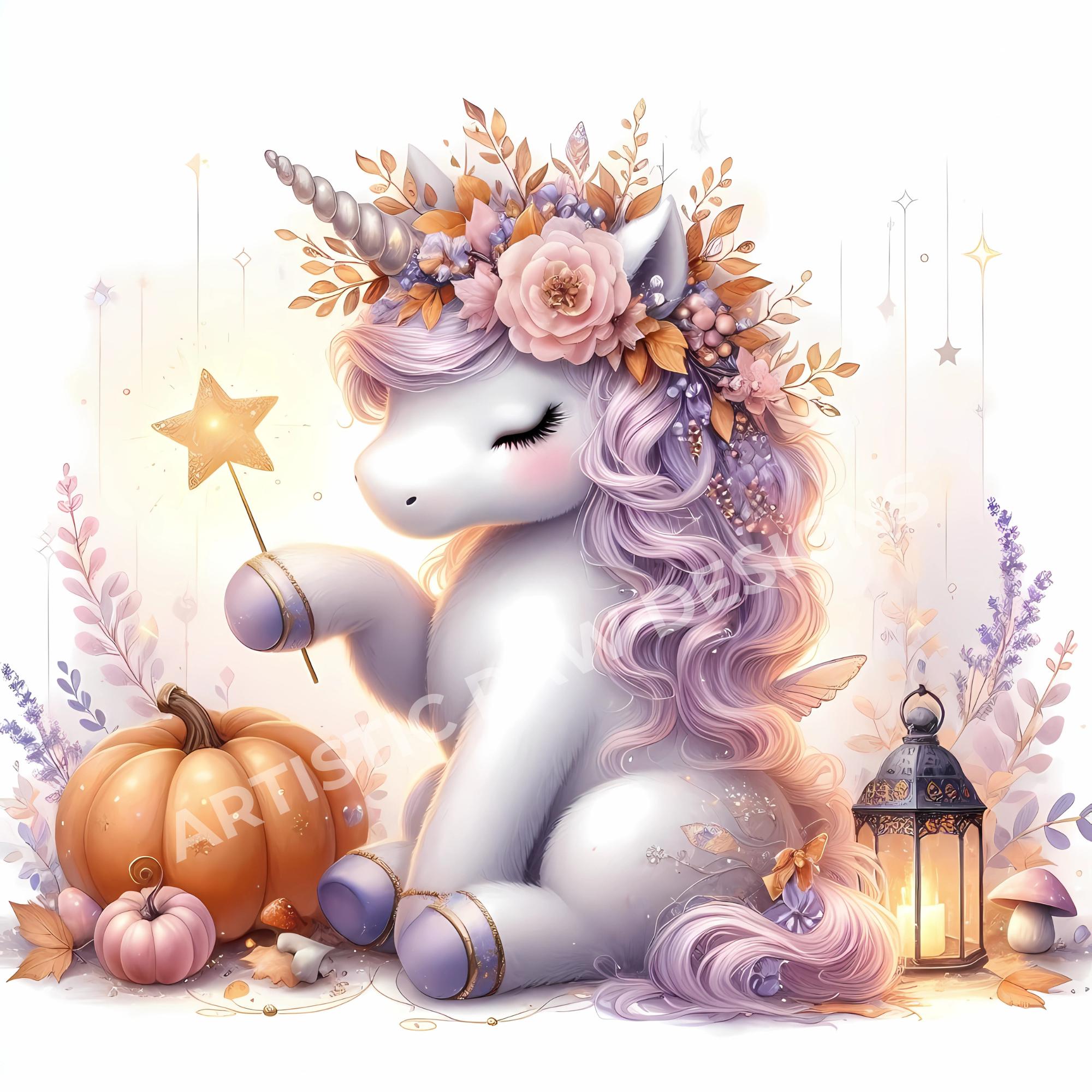 7 Watercolor Fall Unicorn Clipart - Cute Unicorn Art, Autumn Unicorn ...