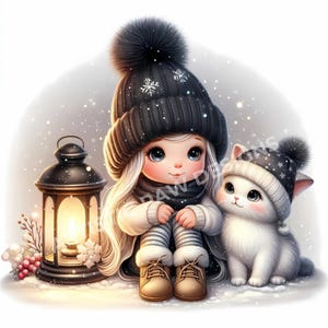 Winter Night Gnome and Cat Clipart | Cozy Watercolor Gnome and Cat ...