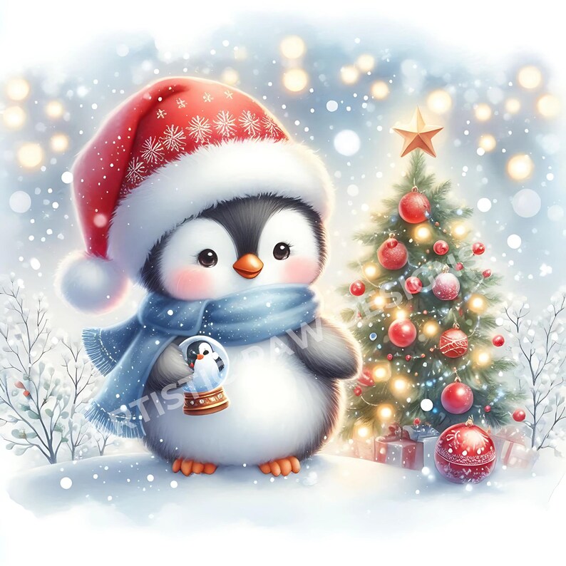 Watercolor Baby Penguin Clipart - Cute Winter Scene Clip Art, Holiday ...