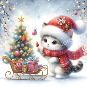 Watercolor Playful Christmas Cat Clipart - Cute Cat Clip Art, Cat Lover ...